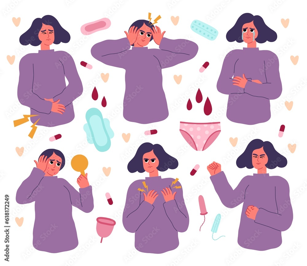 Ilustración de Stock Cartoon girl with pms symptoms. Women conditions ...