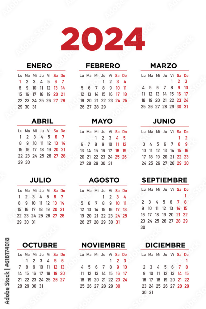 Vector de Stock calendario 2024 en español, semana comienza el lunes ...