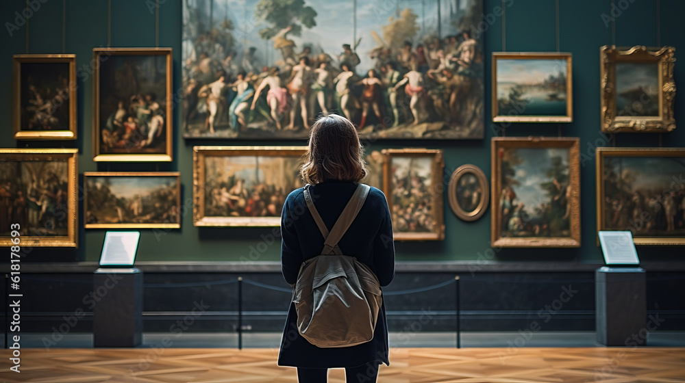 Back of an adult person looking at renaissance style paintings in an ...