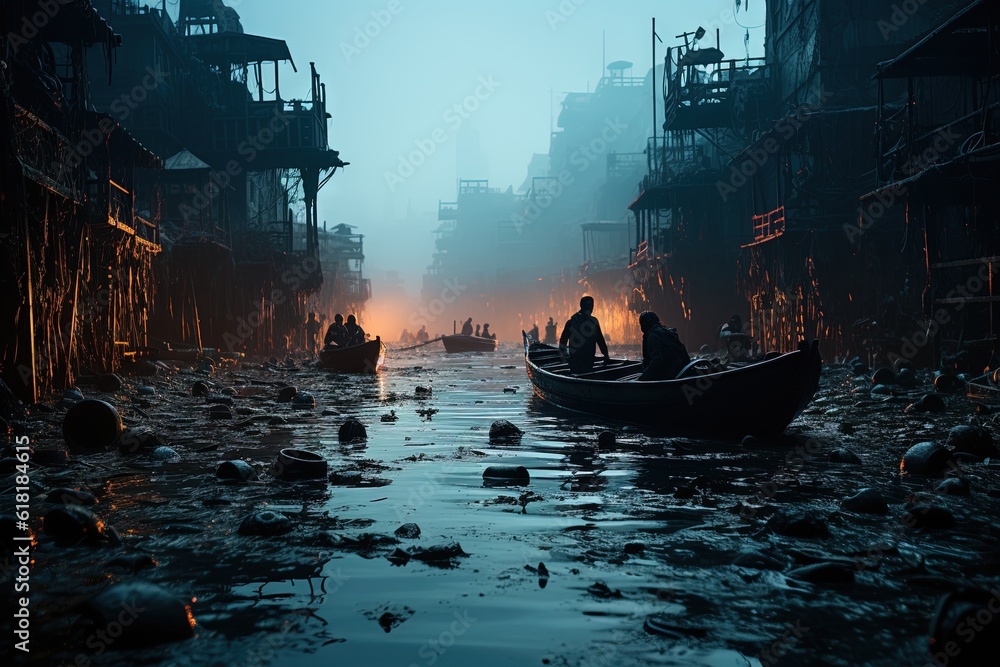 Waste Overload town submerged in a sea of discarded trash, where ...