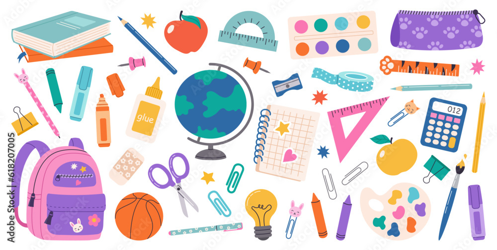 Set of school supplies. Back to school. Vector hand draw illustration ...
