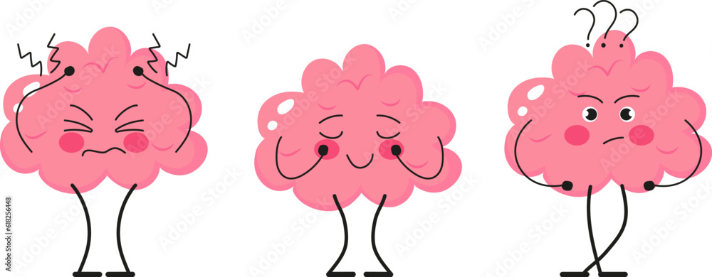 Cartoon brain emoji, emotion brainy vector set. Brainstorming set ...