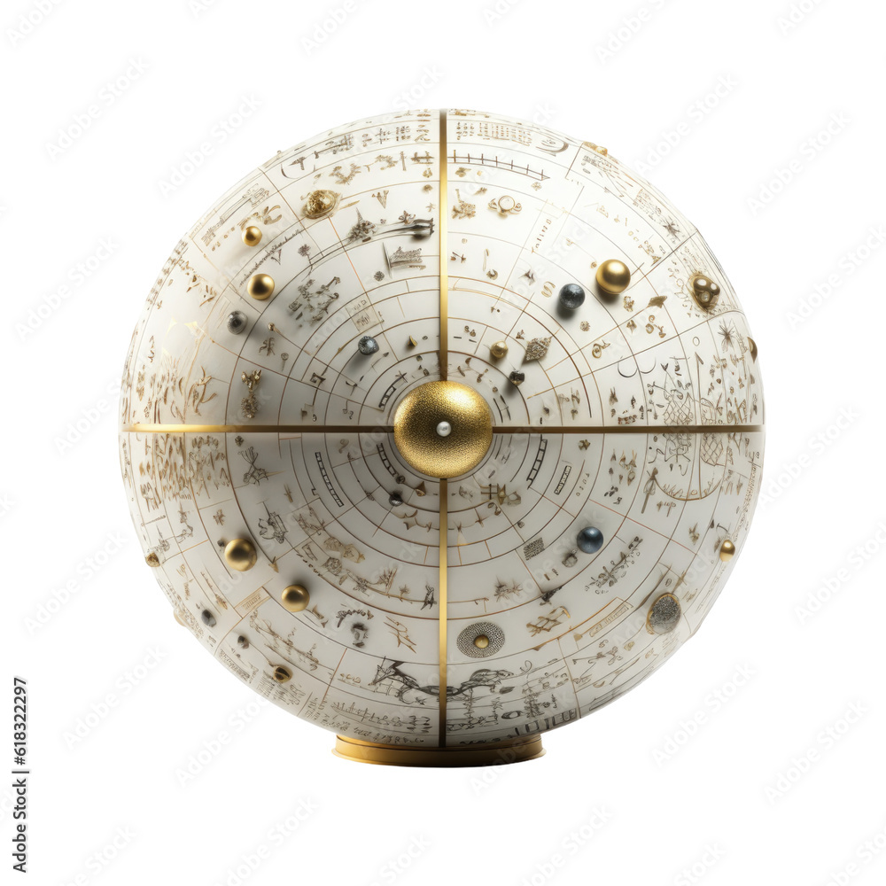 gold celestial sphere composed of intersecting abstract shape, 3d render style, isolated on a ...