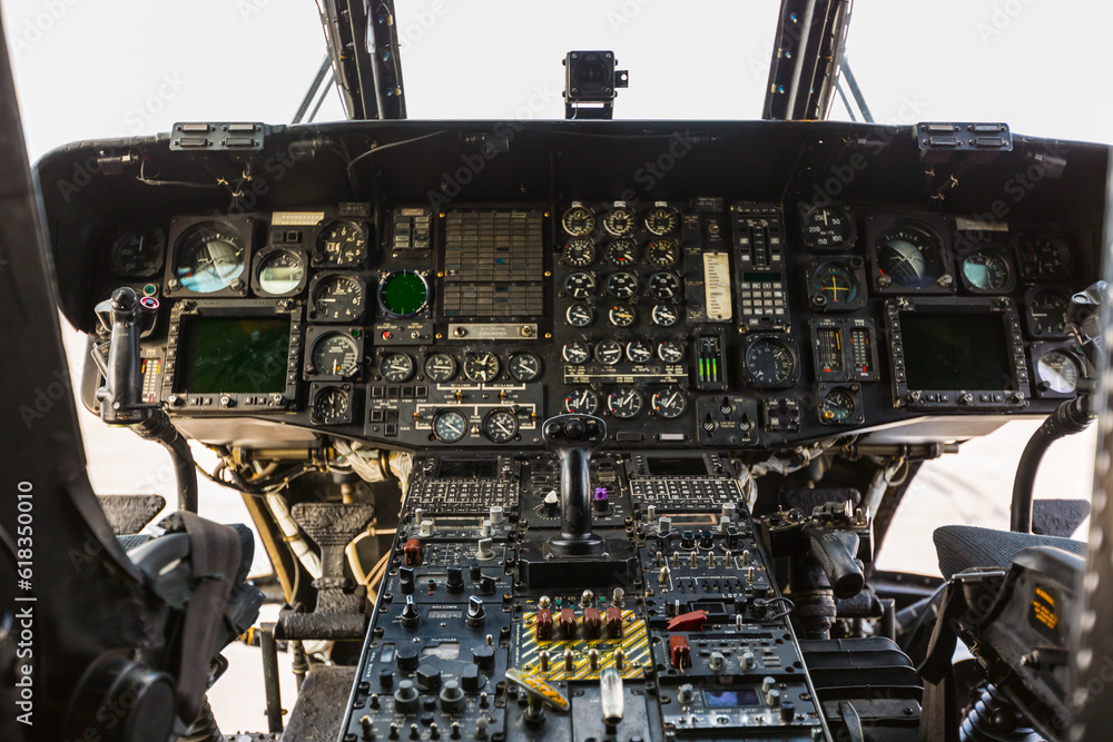 Airplane instruments inside a cockpit of a helicopter Bell Boeing V-22 ...
