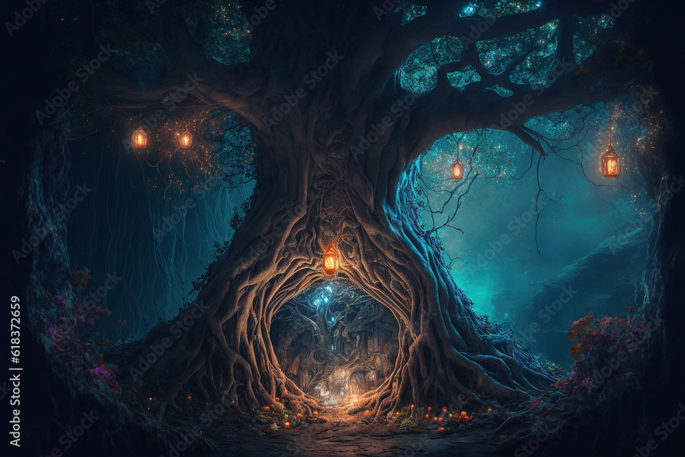 Sacred fantasy tree of life with afterlife portal gate leading to ...