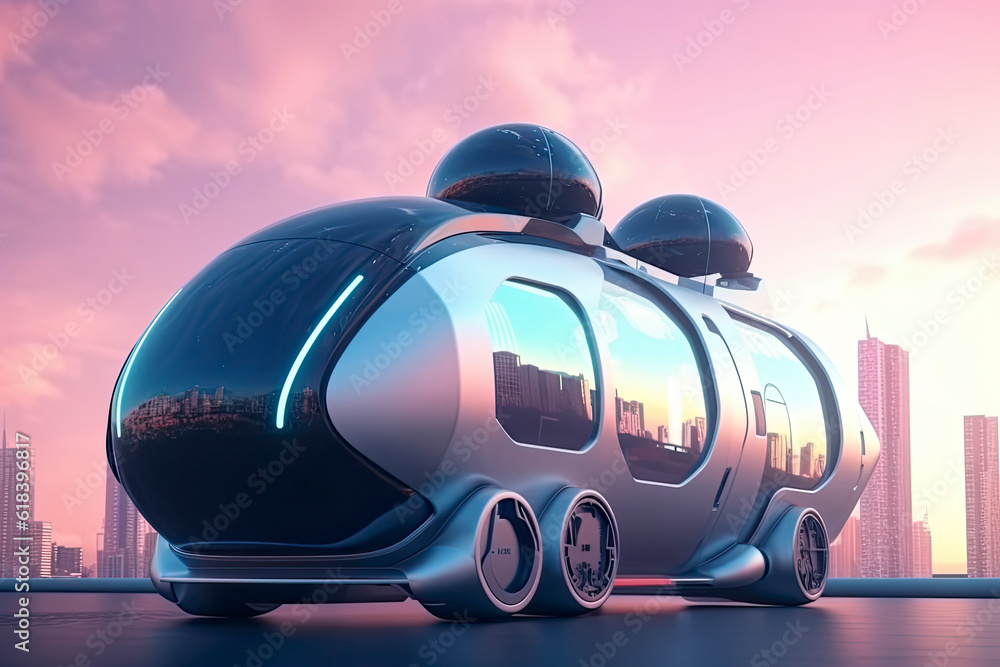 Autonomous electric bus in smart city, metaverse or cyberpunk conpept.AI generated Stock ...
