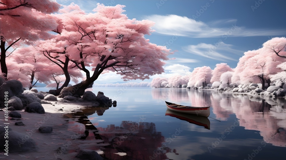 Infrared photography of a serene lake surrounded by trees, giving the ...