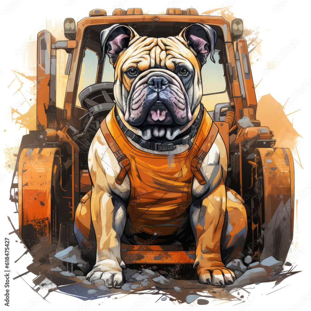 A Carpenter English Bulldog with a tool belt and hard hat, riding a ...