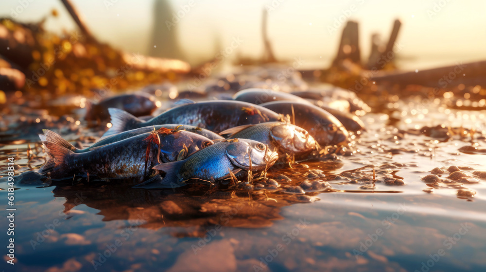 Fish with damage from contact with oil spills. Dead, infected and unfit ...