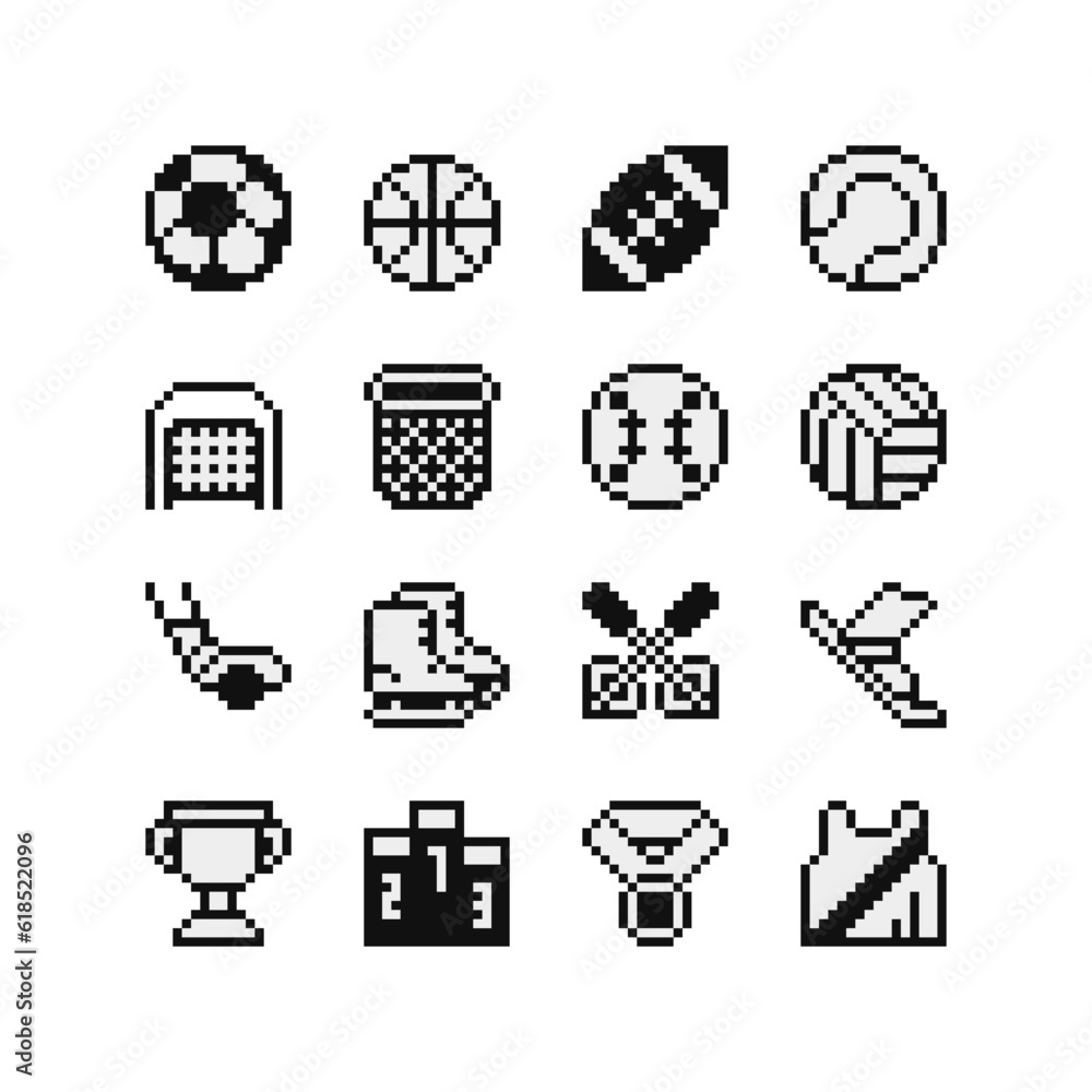 Sport icons set pixel art style, emoji. Achievement logo. 1-bit sprite ...