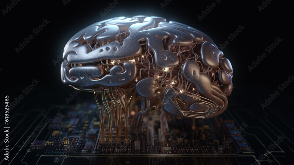 Closeup, brain and artificial intelligence on circuit board in ...