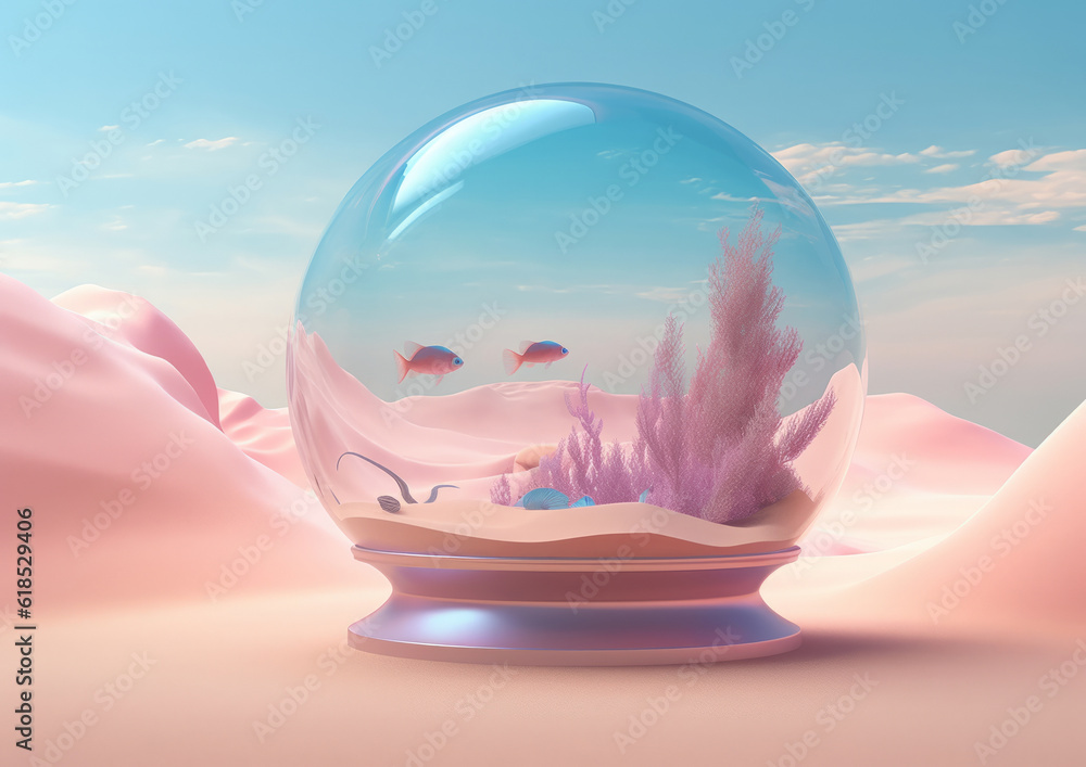 Surreal scene with a large round aquarium full of fish in the midst of ...