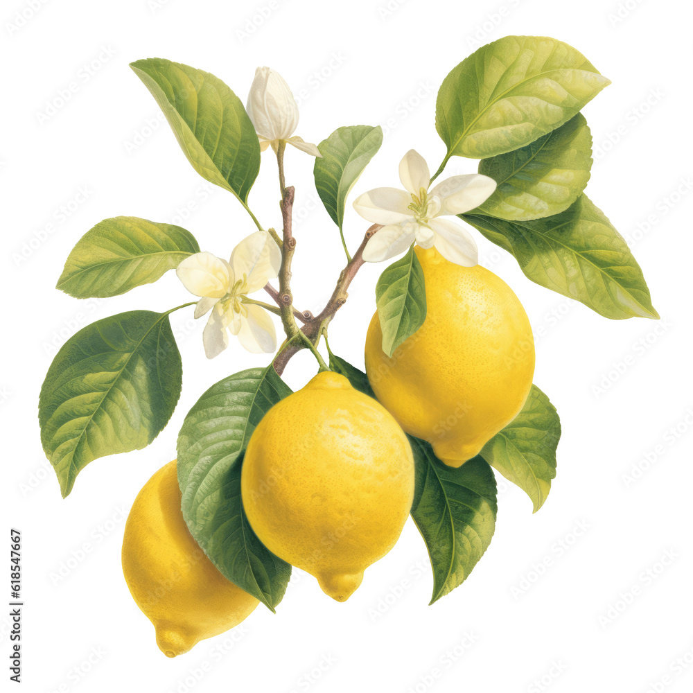Botanical illustration,branch with lemons and flowers in retro style ...