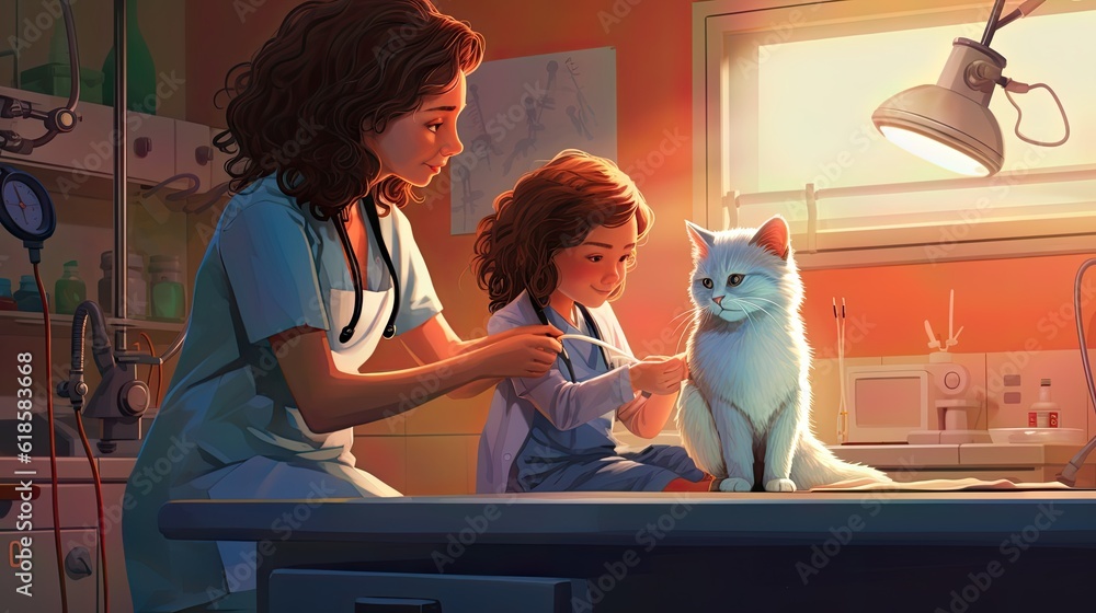 A veterinarian is examining and treating a kitty cat next to its kid ...