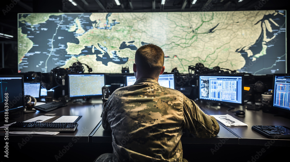 Tactical Operations: Soldier in a Modern War Room Utilizing Maps and ...