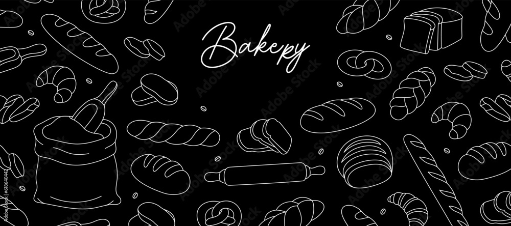 Pastry shop horizontal outline banner. Bakery vector illustration ...