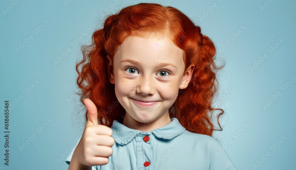 Smiling small ginger red curly hair girl with freckles. Showing thumb ...