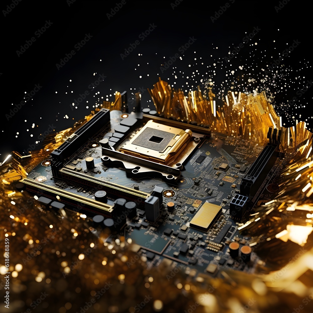 Shiny gold plated motherboard closeup shot. Motherboard, gold, shiny ...