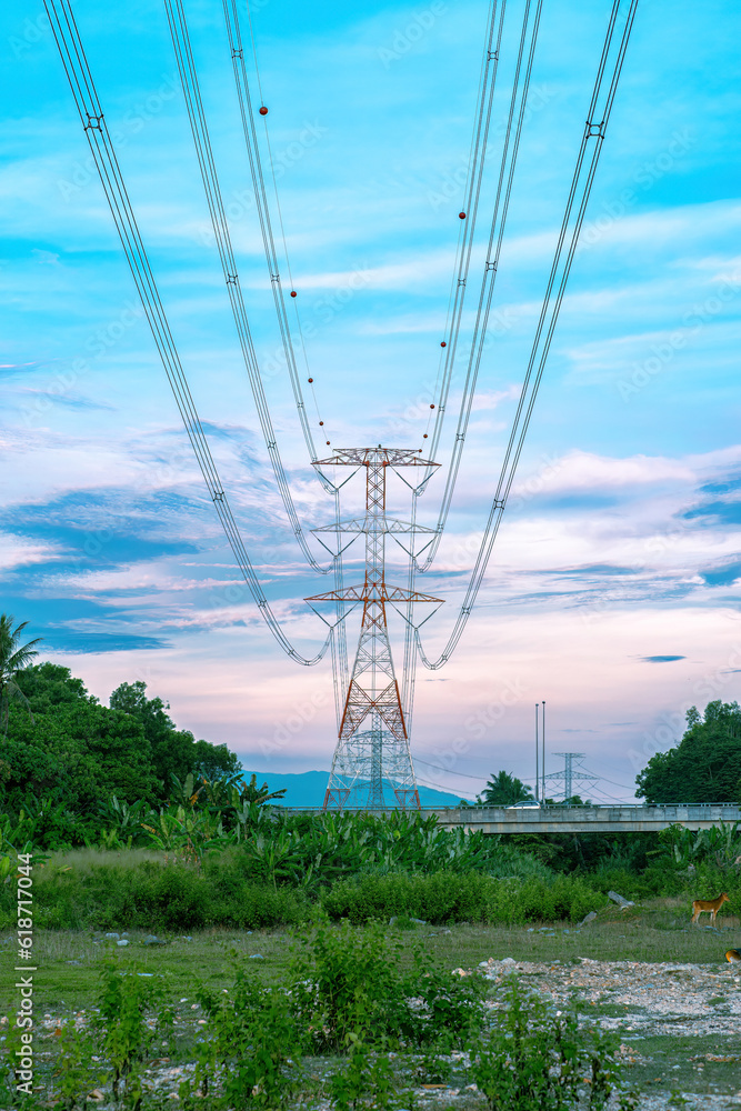 Electricity pylon known as overhead line pylon. high-voltage power ...