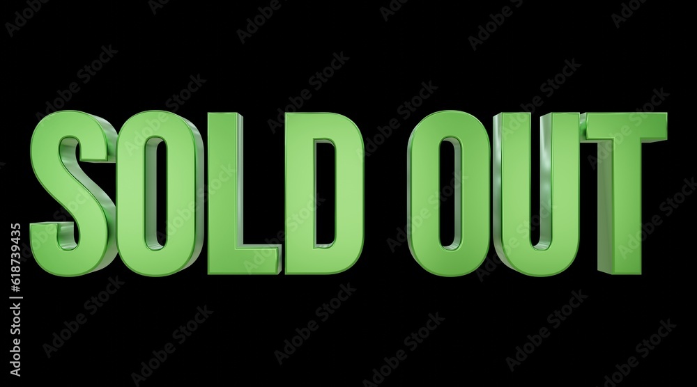 3d text sold out green color illustration render gold metallic on black ...