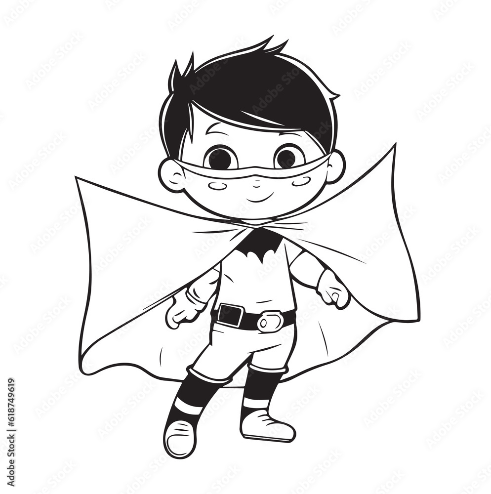 Cute Kid Super hero coloring page. cartoon vector art and illustration ...