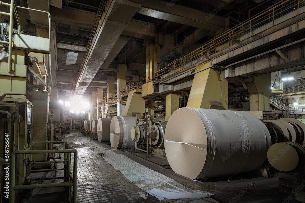 pulp and paper factory, with enormous machines processing raw materials ...