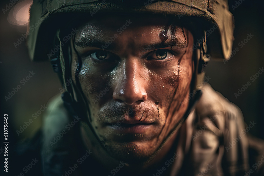 Portrait depicting a modern soldier donning a ballistic helmet ...