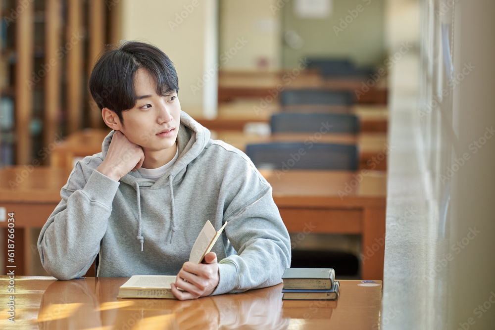 Asian Korean University Library Young male college student model ...