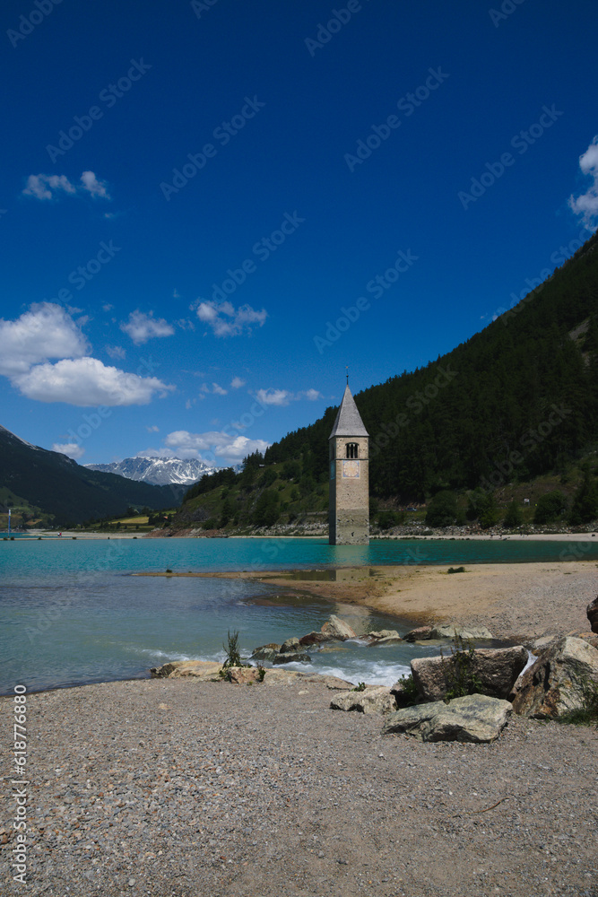 View of Lake Reschen ( Italian: Lago di Resia - German: Reschensee ...