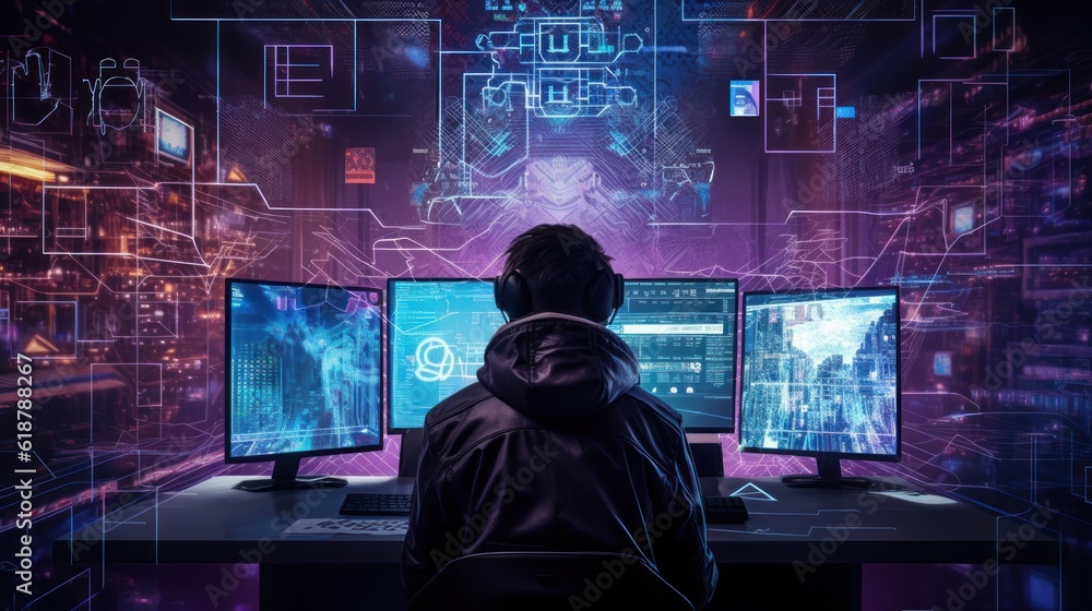 Depict a skilled cyberpunk hacker in a futuristic setting, surrounded ...
