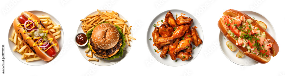 Set of top view tasty delicious American Food in plate, Hot Dog ...