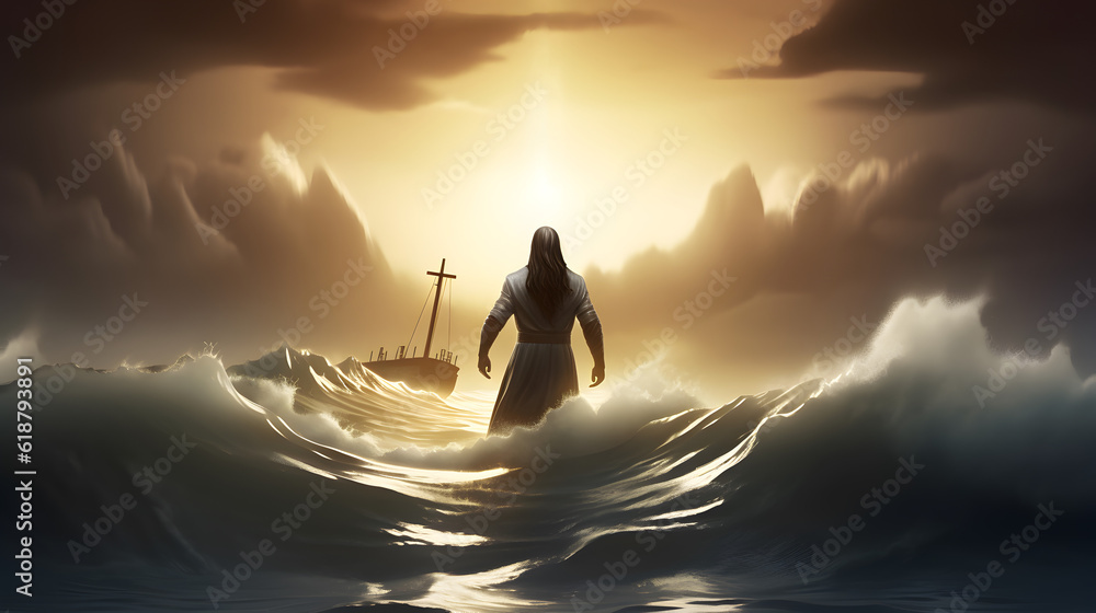 Jesus Christ walking on water across the sea towards a boat. AI ...