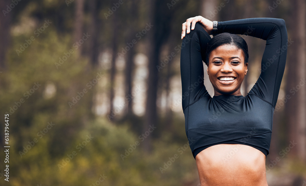 Stretching, fitness and portrait of black woman in nature for exercise ...