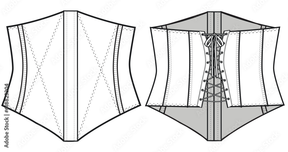 Under Bust Waist Trainer Corset Front and Back View. Fashion Flat ...