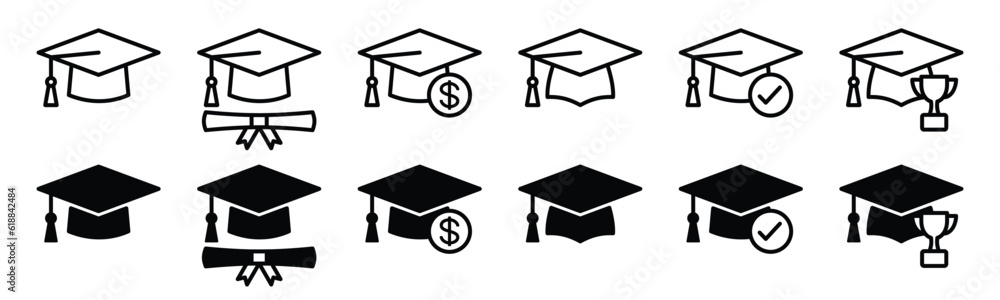 Graduation cap line and flat icon. Student hat, Academic cap with check ...
