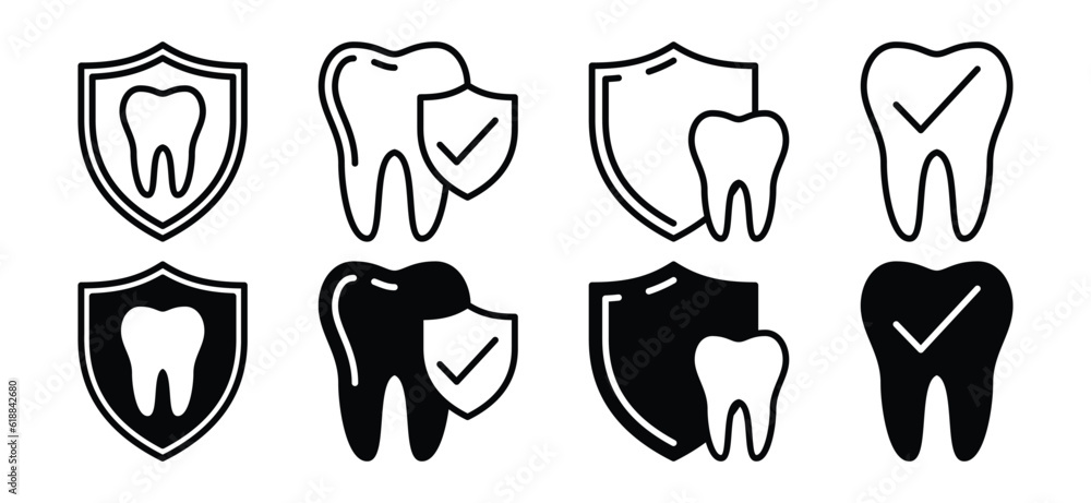 Dental insurance icon in line and flat style. Tooth with shield and ...