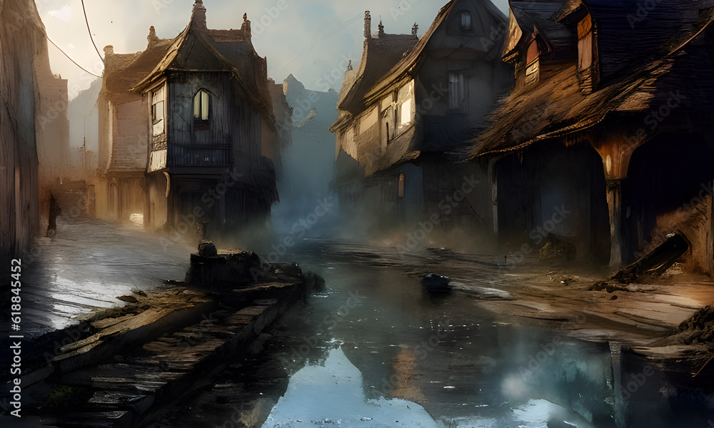 Line art watercolor wash of ancient primitive villages streetscape ...