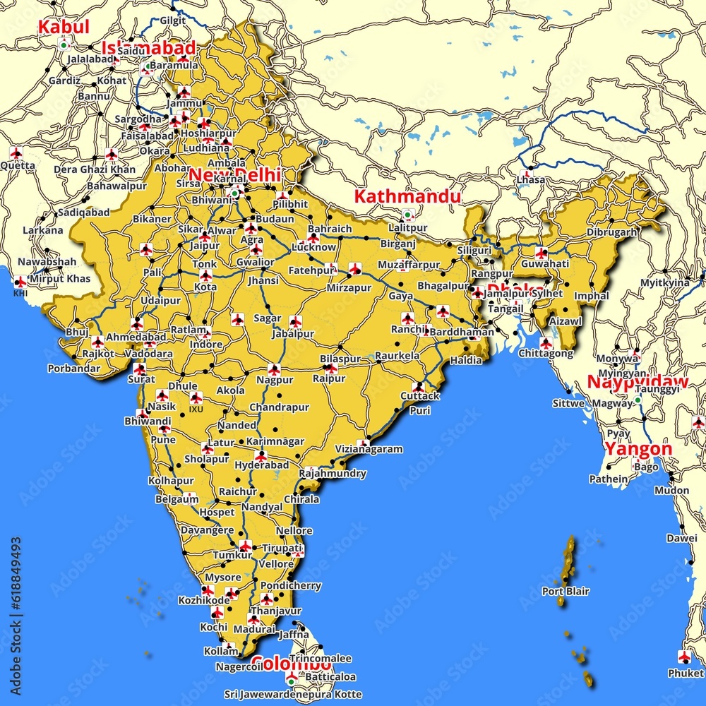 Map of India with main roads and highways Stock Illustration | Adobe Stock