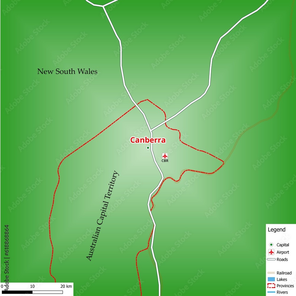 Map of the capital city Canberra with main streets, rivers, lakes ...