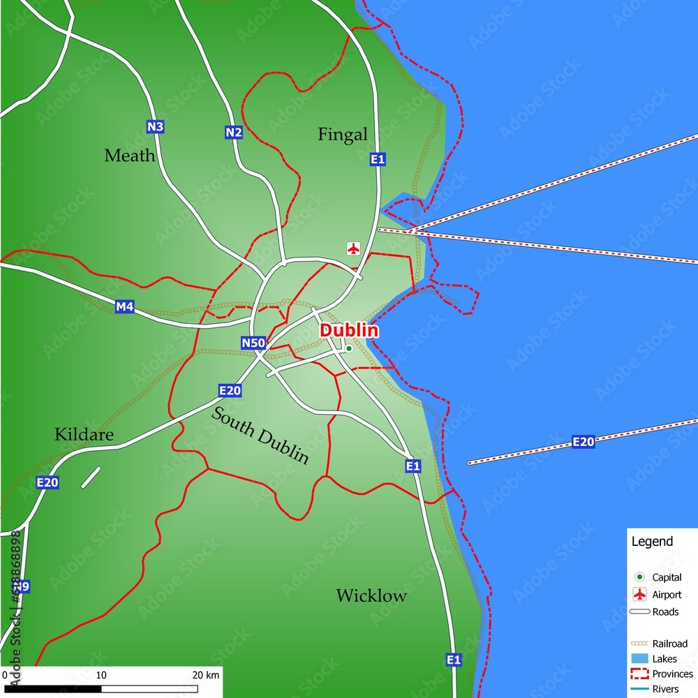 Map of the capital city Dublin with main streets, rivers, lakes, urban ...