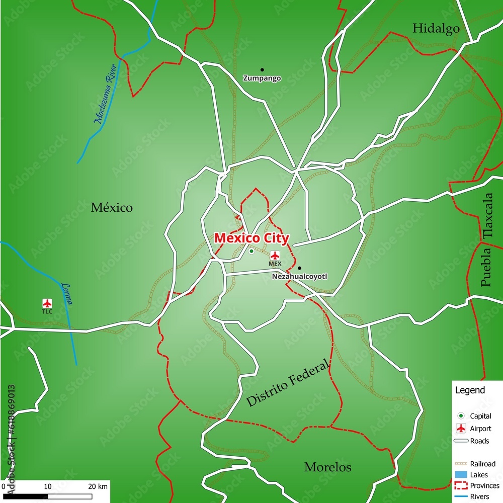 Map of the capital city Mexico City with main streets, rivers, lakes ...