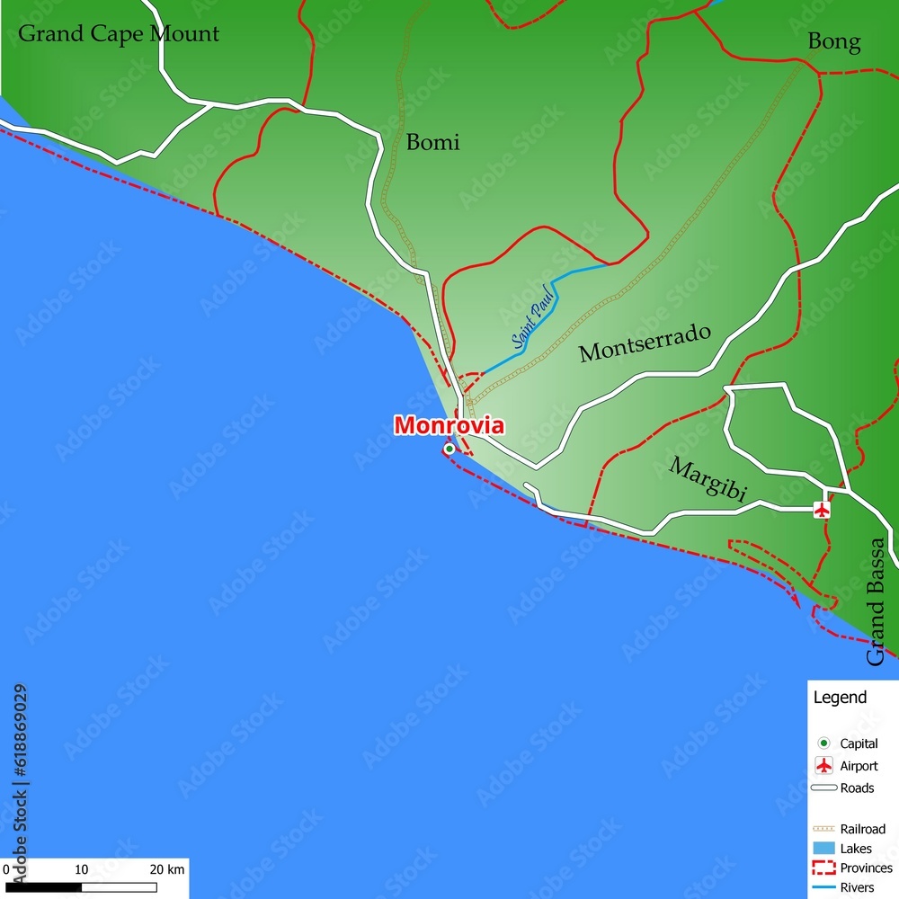 Ilustración de Stock Map of the capital city Monrovia with main streets ...