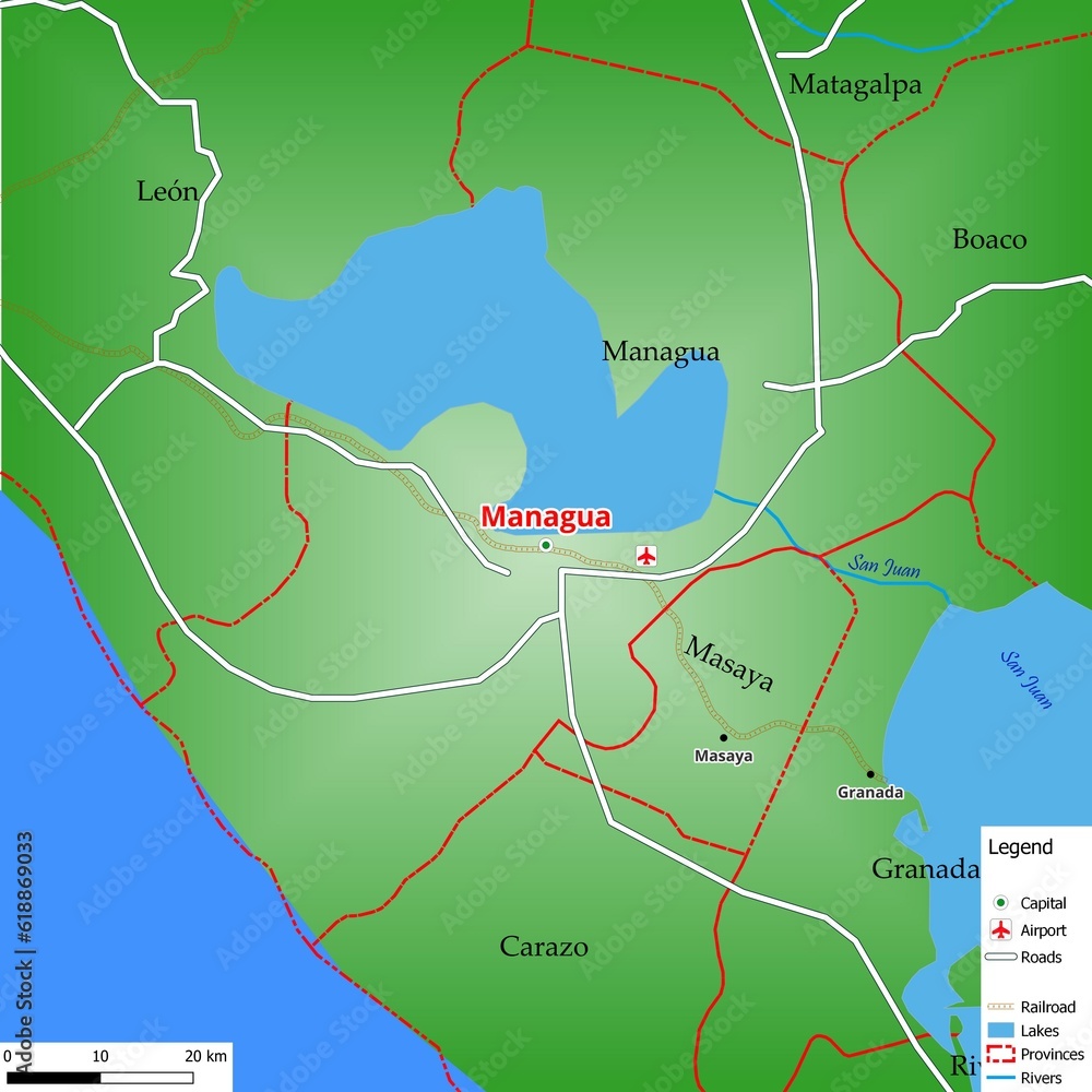Map of the capital city Managua with main streets, rivers, lakes, urban areas and names of ...