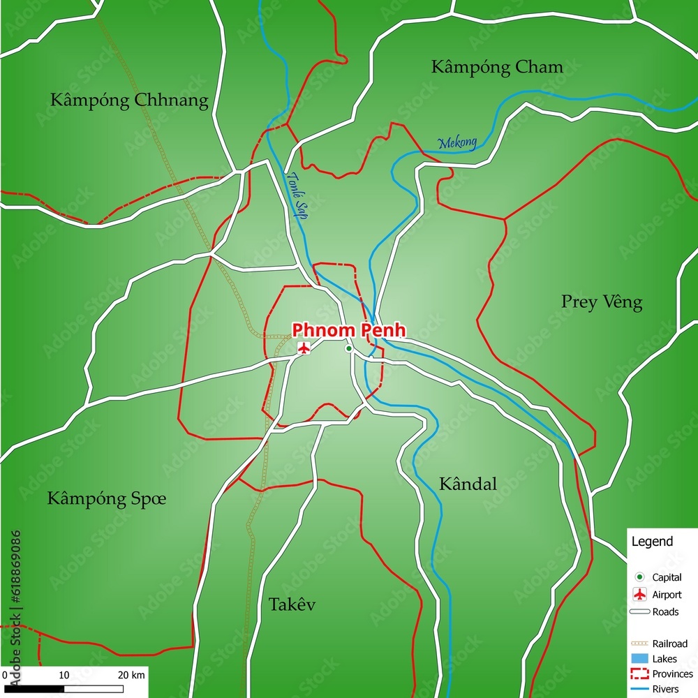 Map of the capital city Phnom Penh with main streets, rivers, lakes ...