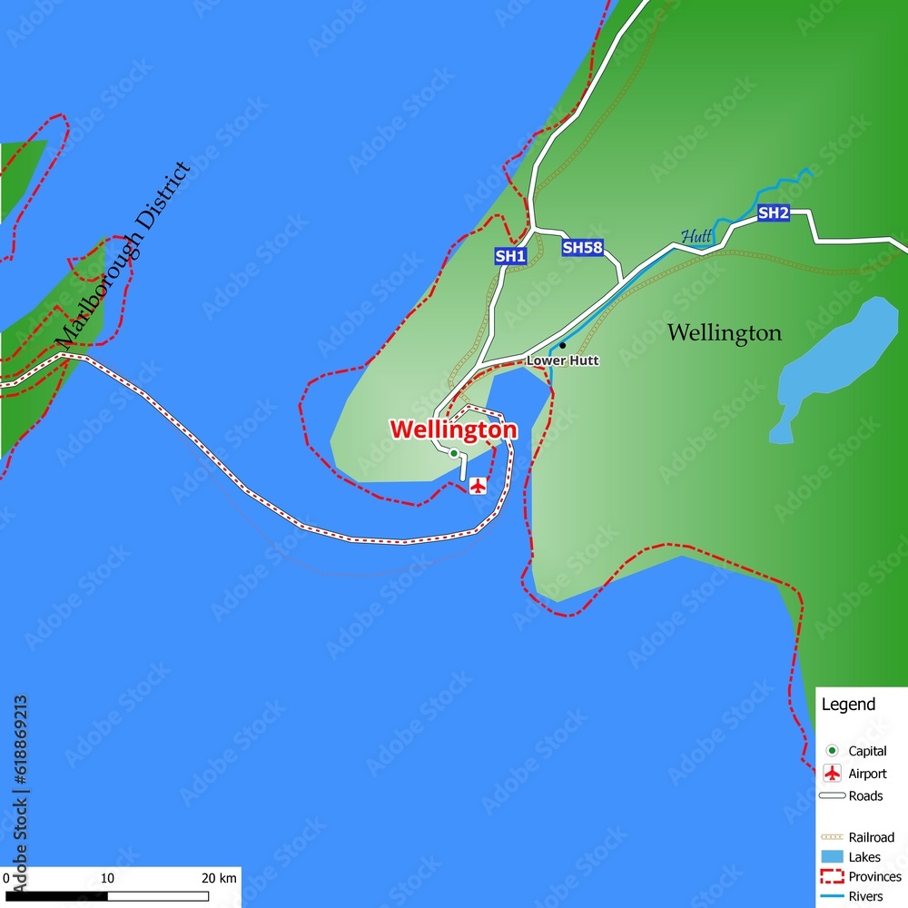 Map of the capital city Wellington with main streets, rivers, lakes ...