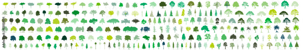 silhouette green tree line drawing set, Side view, set of graphics ...