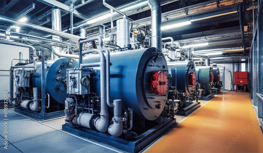 Interior of modern industrial boiler room - large metal tanks and pipes ...