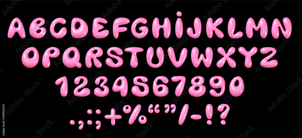 Vector de Stock Glossy 3D bubble font in Y2K style: shiny plastic pink English alphabet letters ...