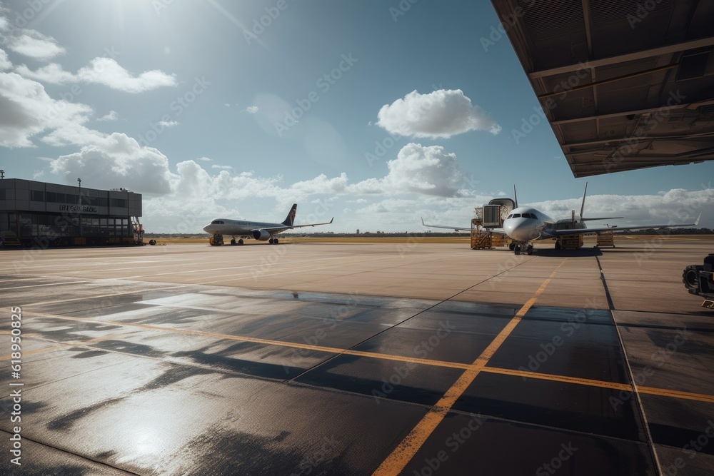 empty terminal, with view of planes taking off and landing on the tarmac, created with ...