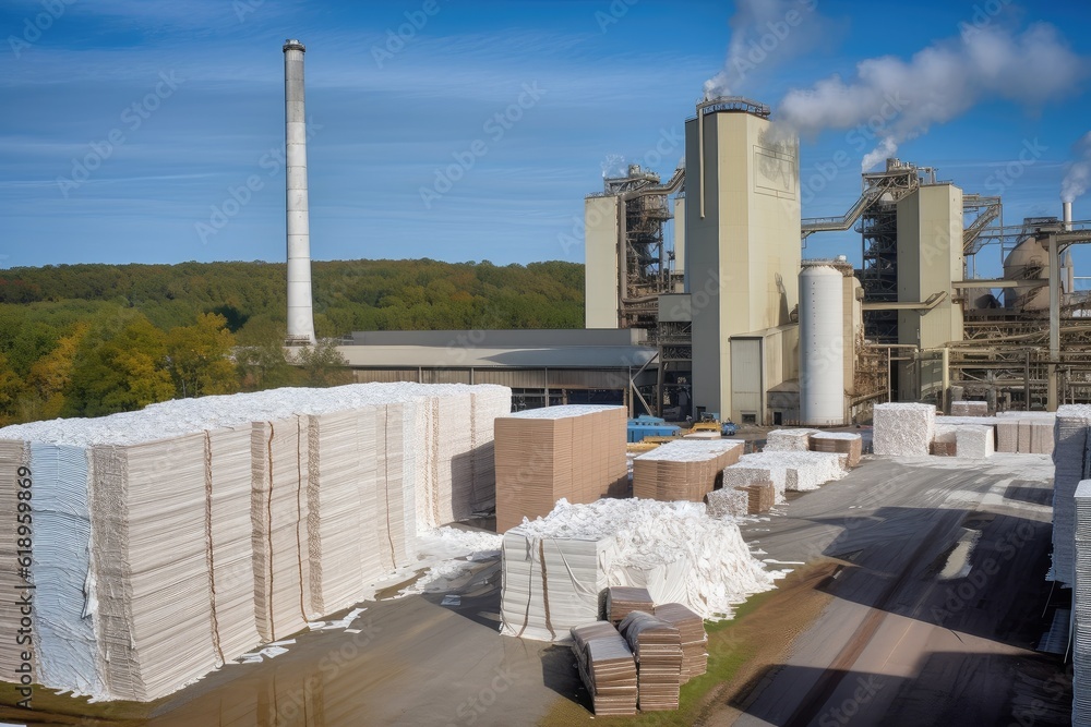 pulp and paper mill, with towering stacks of bleached and pressed ...